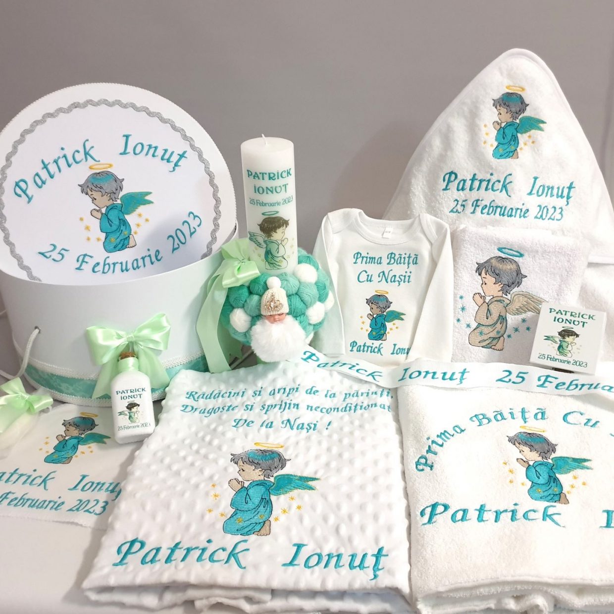 Set Trusou botez +Prima Baita Personalizat INGERAS Turcoaz-Verde ...